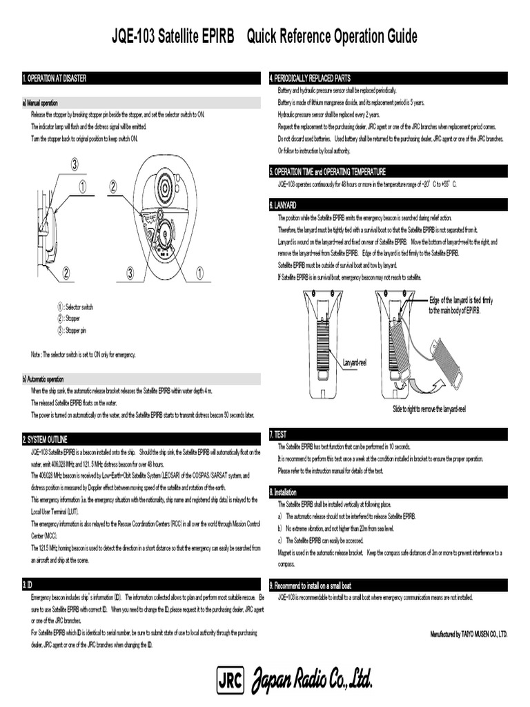 JQE-103 EPIRB Quick Operation Guide | PDF | Home & Garden | Computers