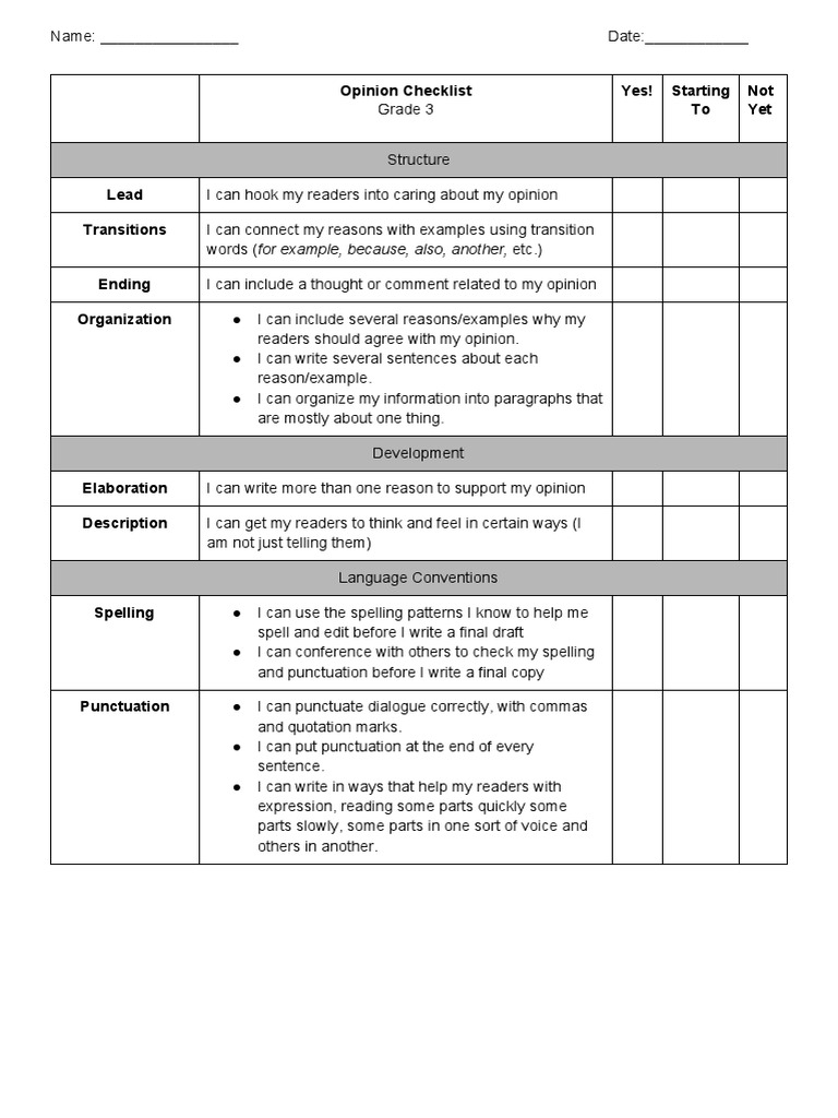 Grade 3 Opinion Writing Checklist | PDF | Career & Growth