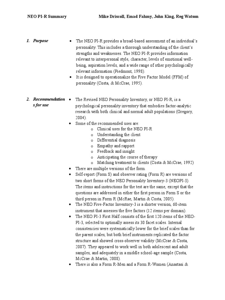 NEO PI Summary | Behavioural Sciences | Psychology & Cognitive Science