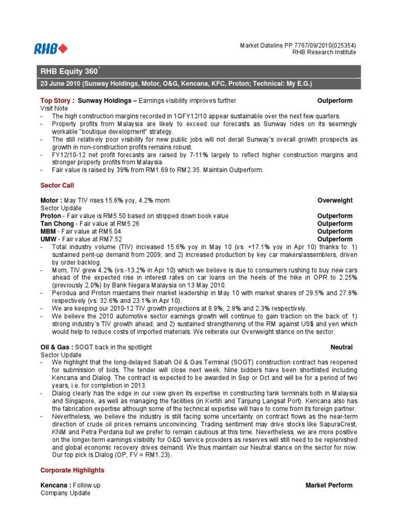 RHB Equity 360° - 23 June 2010 (Sunway Holdings, Motor, O&G, Kencana ...