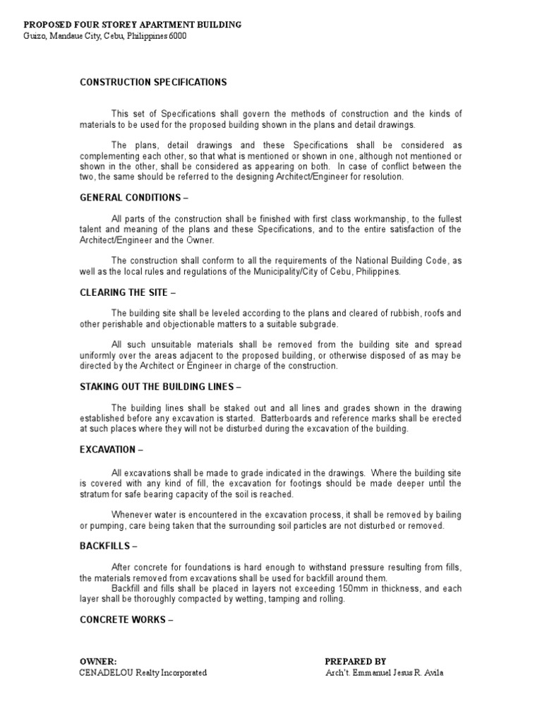 Specifications - Proposed Four Storey Apartment Building | PDF ...