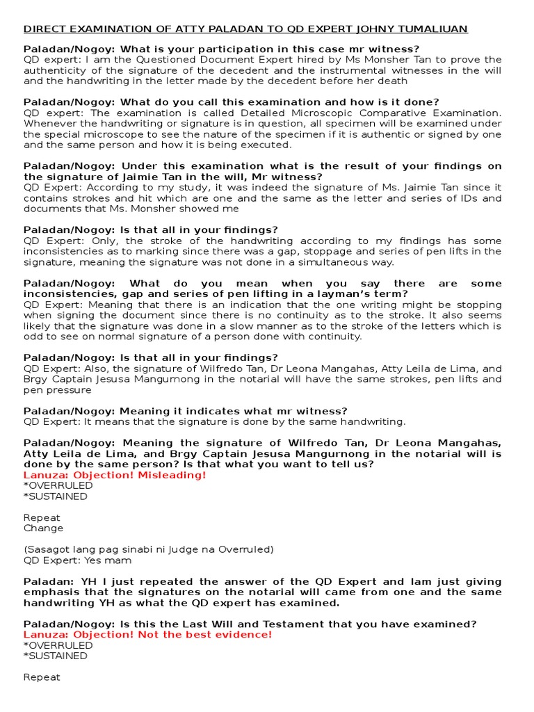 With Cross and Objection DIRECT EXAMINATION of QD Expert | PDF ...