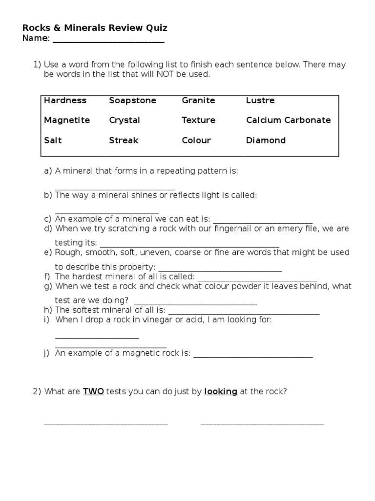 Name: - : Rocks & Minerals Review Quiz | PDF | Rock (Geology) | Minerals