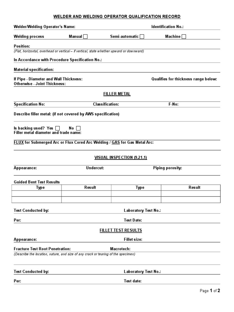Welder and Welding Operator Qualification Record | PDF