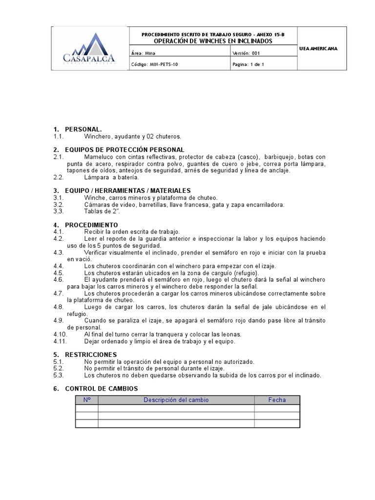 Procedimiento Seguro para Winches en Mina | PDF | Tecnología