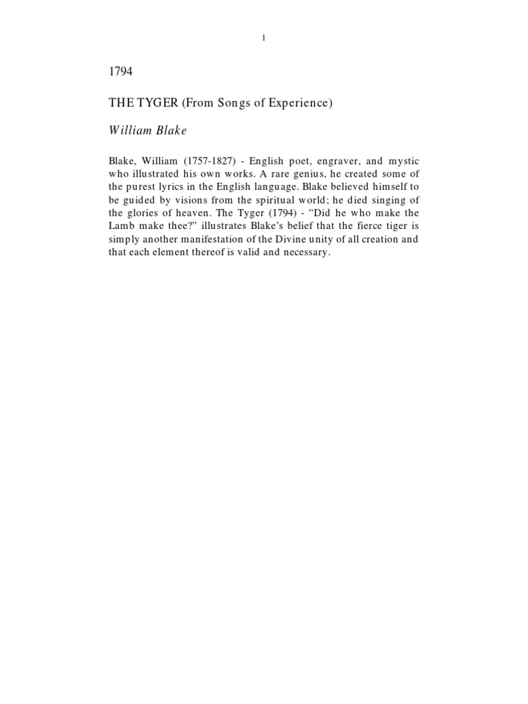 William Blake - The Tyger PDF | PDF | Classics