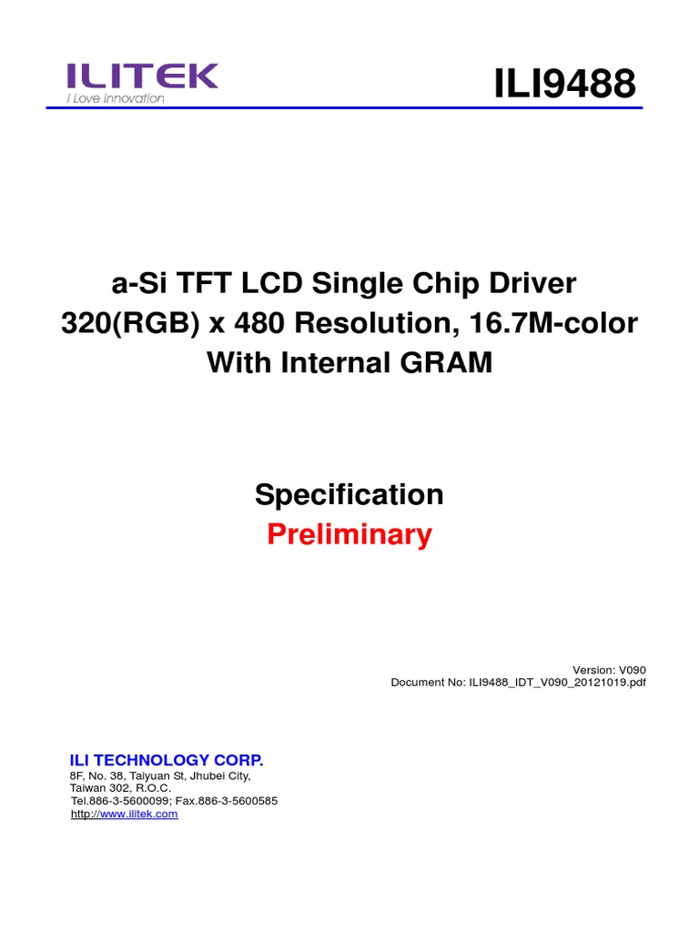 ILI9488 Preliminary DS V090 | PDF | Network Packet | Rgb Color Model