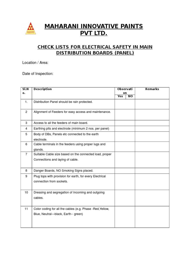 Ehs-07 - Check Lists For Electrical Safety in Main Distribution Boards ...
