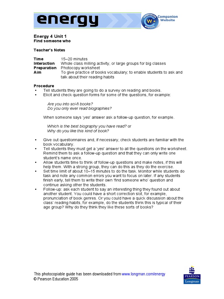 Energy 4 Unit 1: Find Someone Who Teacher's Notes Time Interaction ...