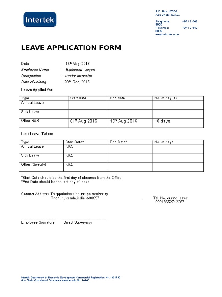 Intertek leave application form | PDF