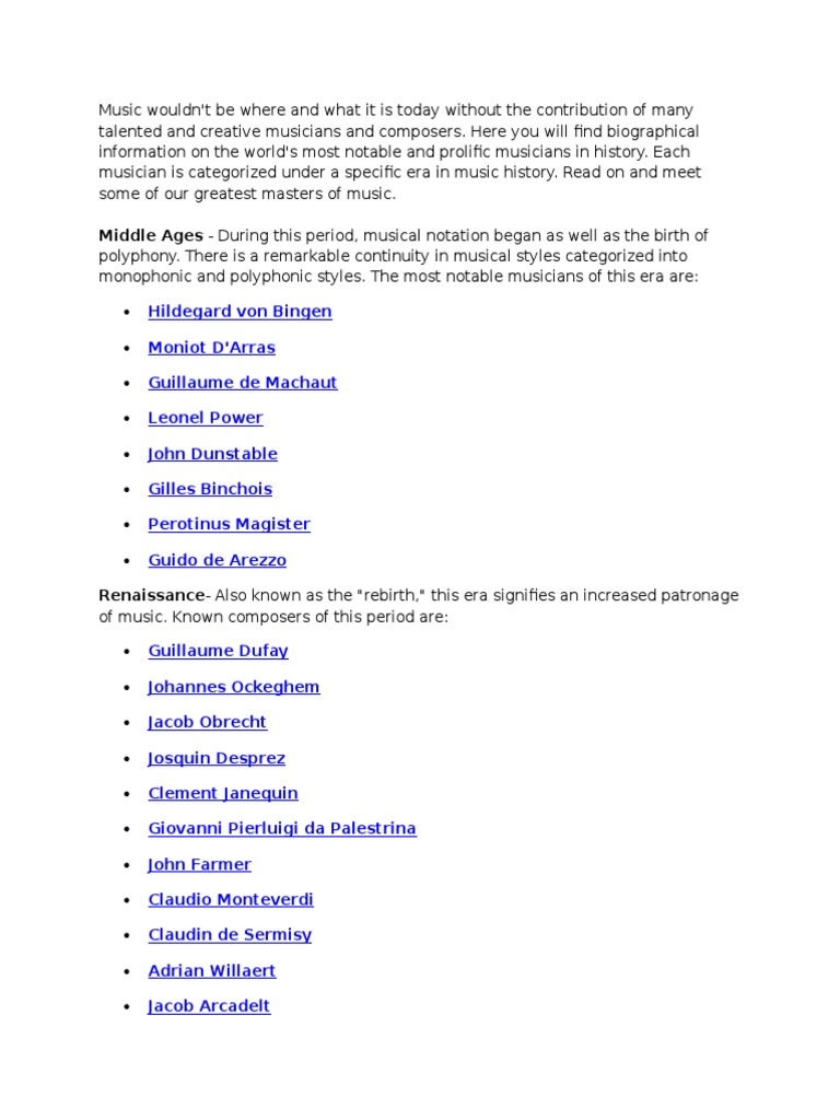 Middle Ages - During This Period, Musical Notation Began As Well As The ...