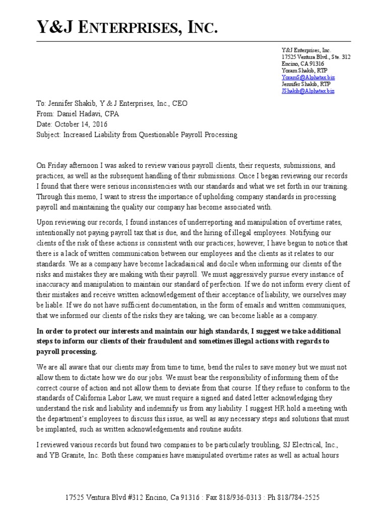 Week 7 Business Ethics Memo Final | PDF | Overtime | Payroll