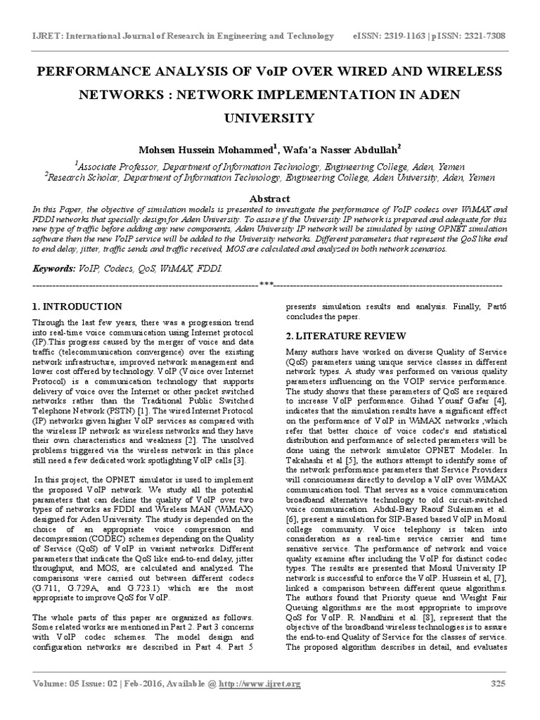 Performance Analysis of Voip Over Wired and Wireless Networks Network ...
