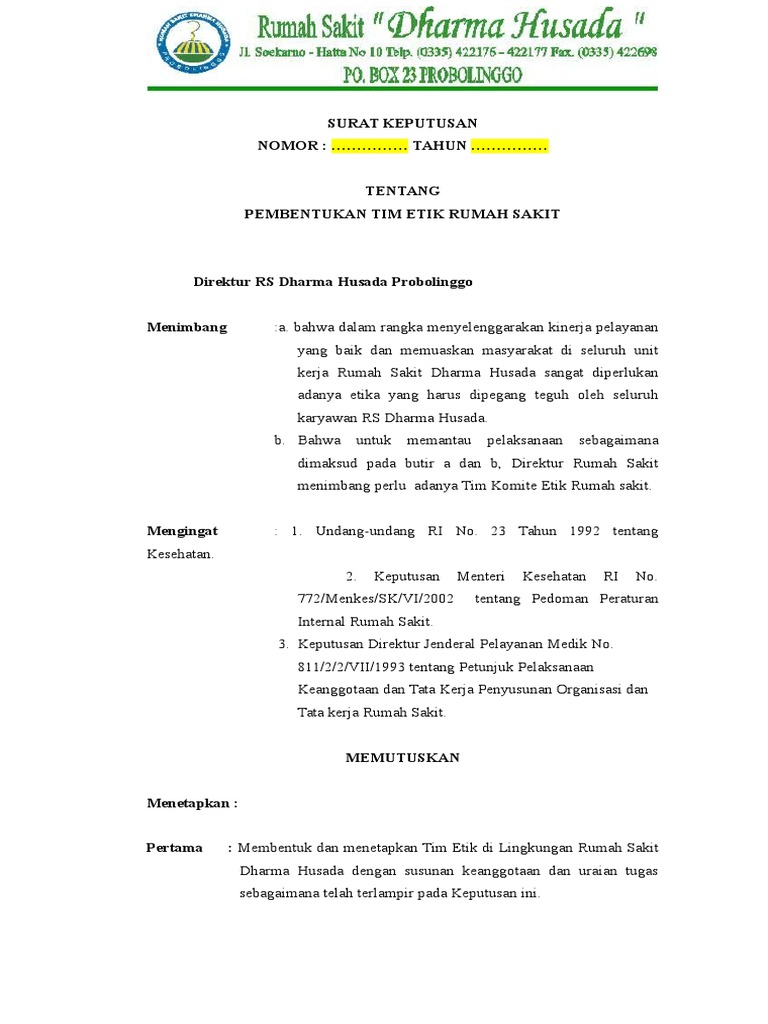 SK Pembentukan Komite Etik Rumah Sakit | PDF