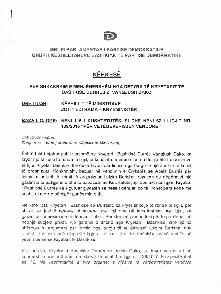 Kerkese Per Shkarkimin Nga Detyra Te Kryetarit Te Bashkise Durres | PDF