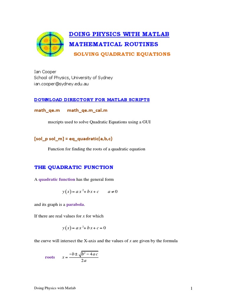 Doing Physics With Matlab Mathematical Routines: Solving Quadratic ...