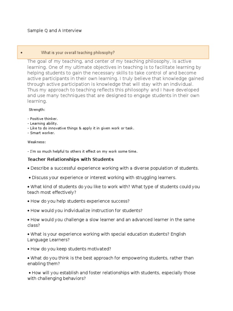 Sample Interview Q And A PDF Special Education Learning