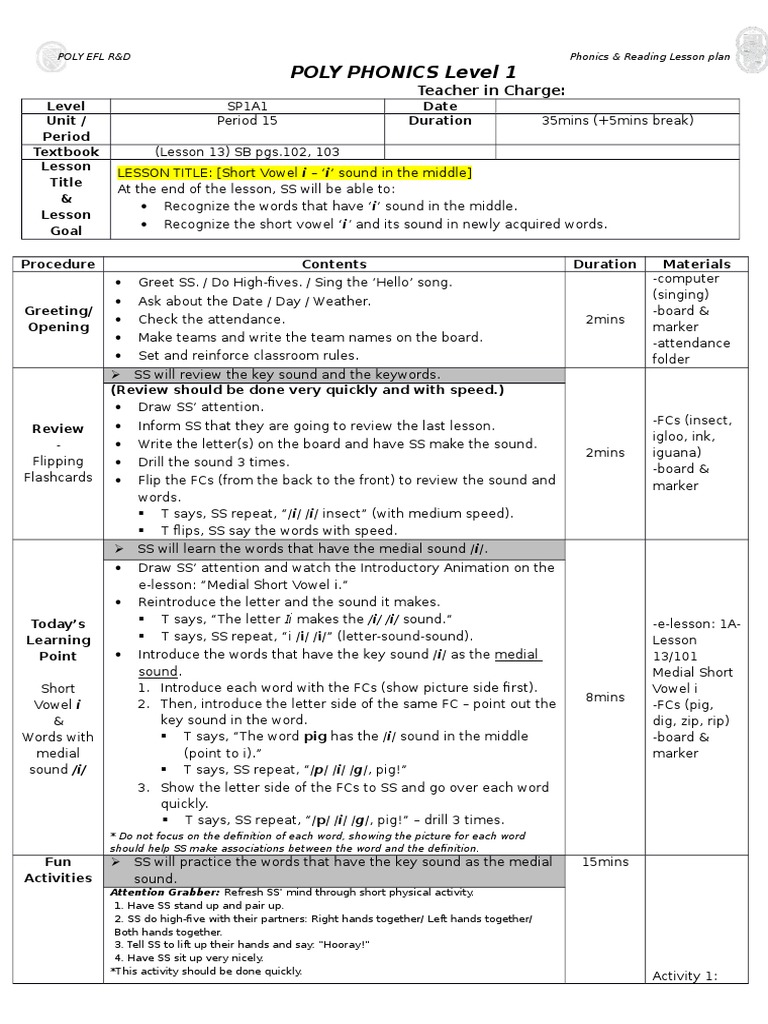 PH1 - LP - Proto - Short Vowel - Medial I | PDF | Phonics | Teaching