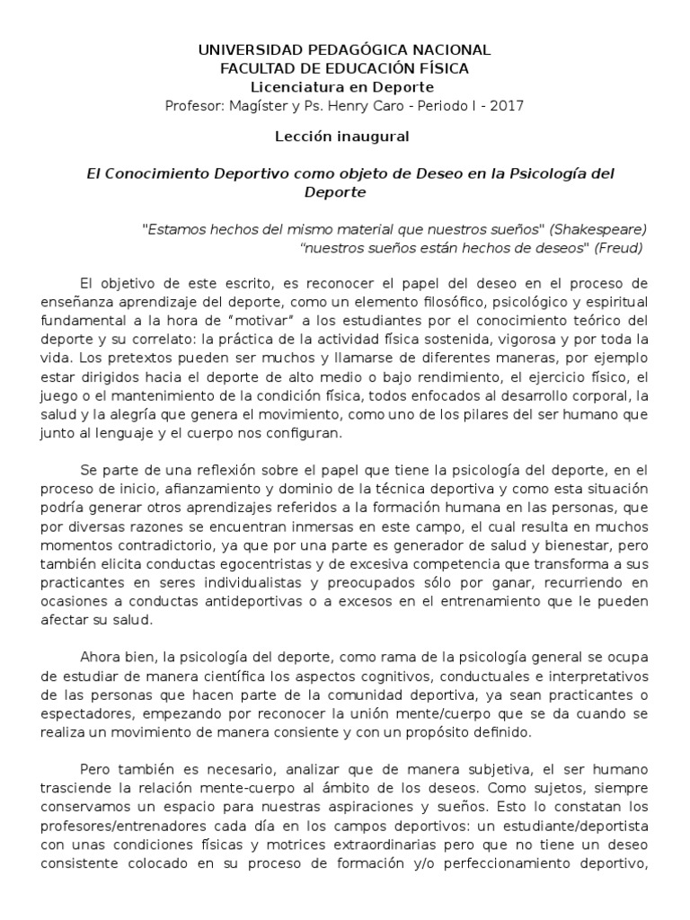 Lección Inaugural El Deseo en La Psicología Deportiva | PDF | Sicología ...