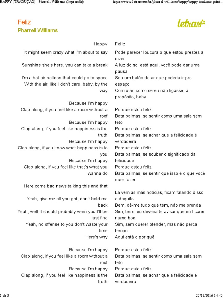 HAPPY (TRADUÇÃO) - Pharrell Williams (Impressão)
