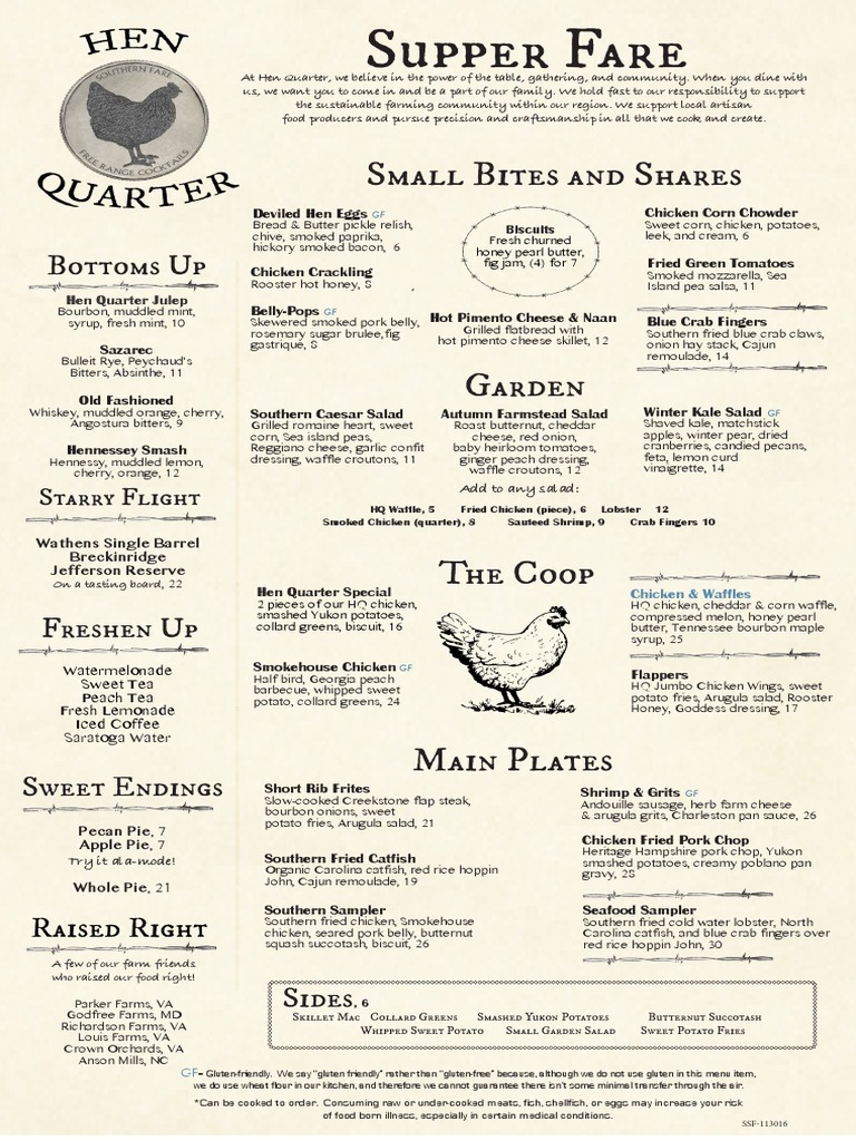 Hen Quarter Supper Menu Overview | PDF | Cajun Cuisine | Salad
