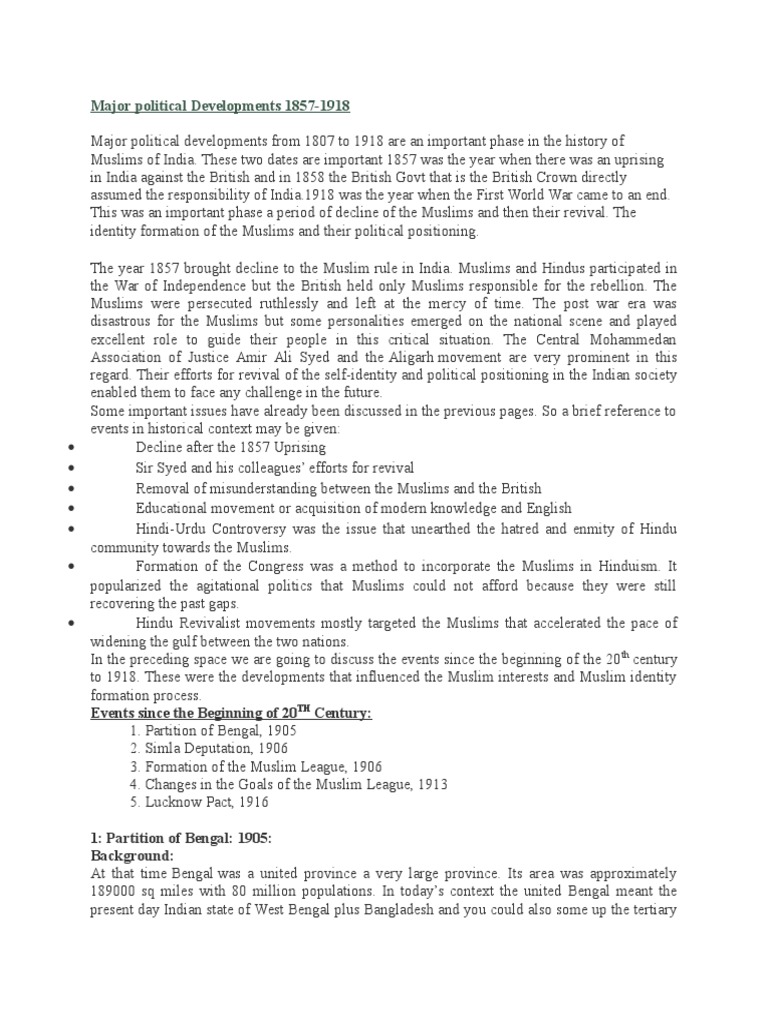 Major Political Developments 1857 To 1918 | PDF | Partition Of India ...