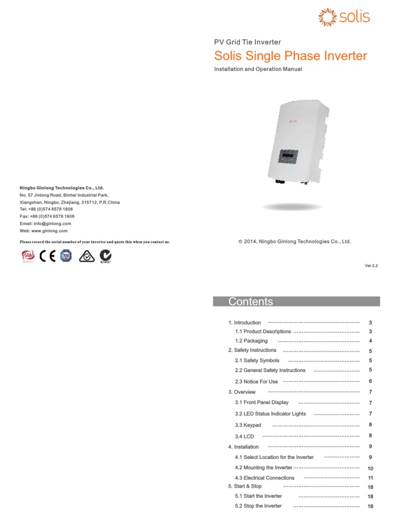 Solis 1 5k 2g Manual v2 2 | PDF | Electrical Connector | Power Inverter