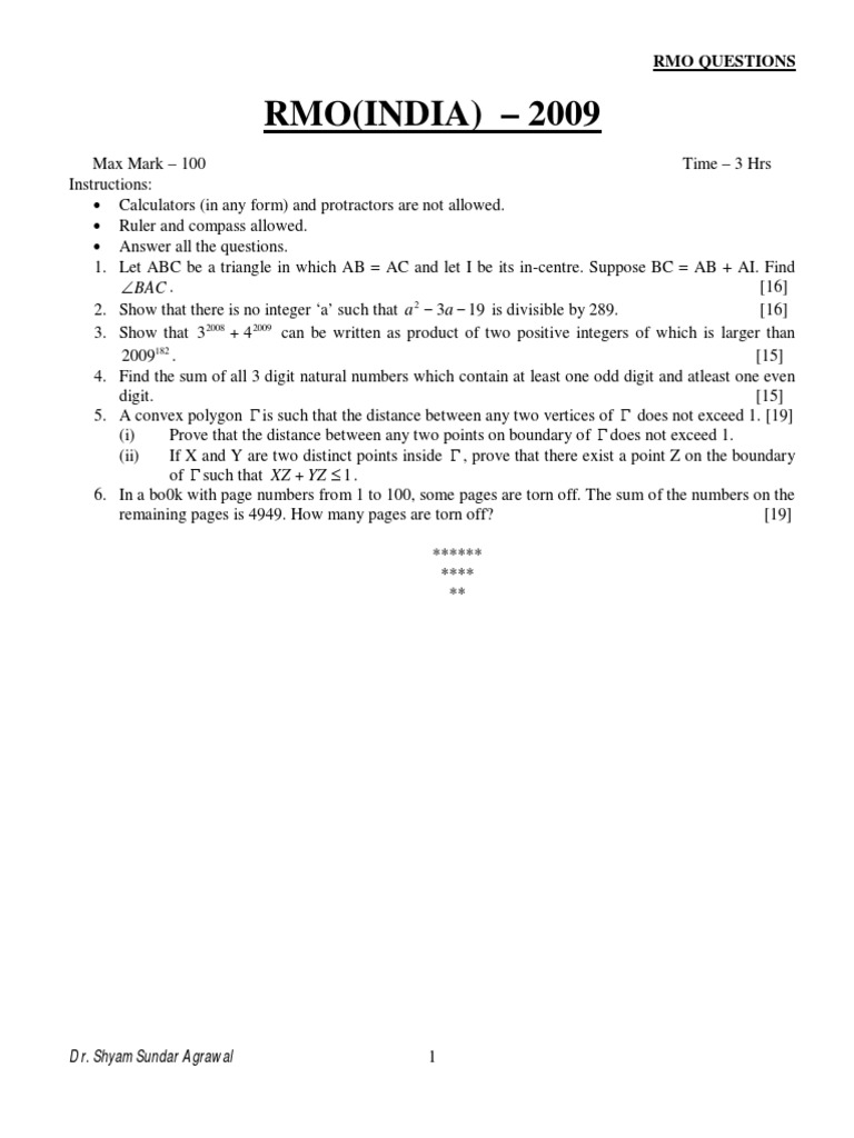RMO 2009 Mathematics Questions | PDF | Teaching Methods & Materials ...