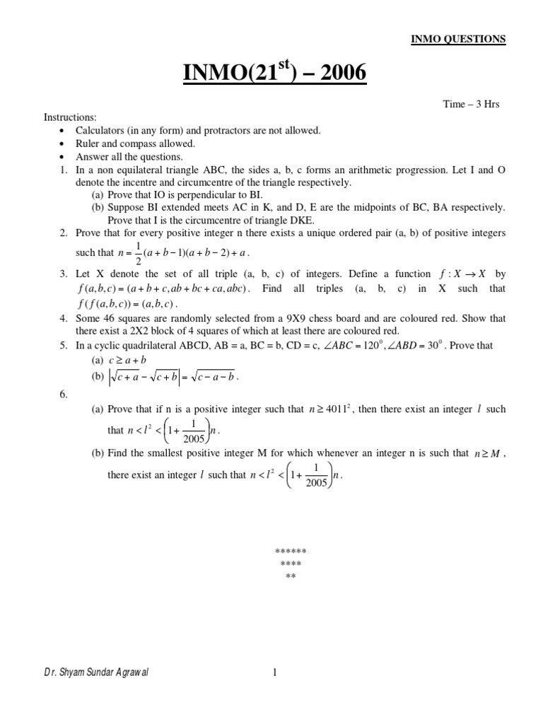 INMO Math Problems for Students | PDF