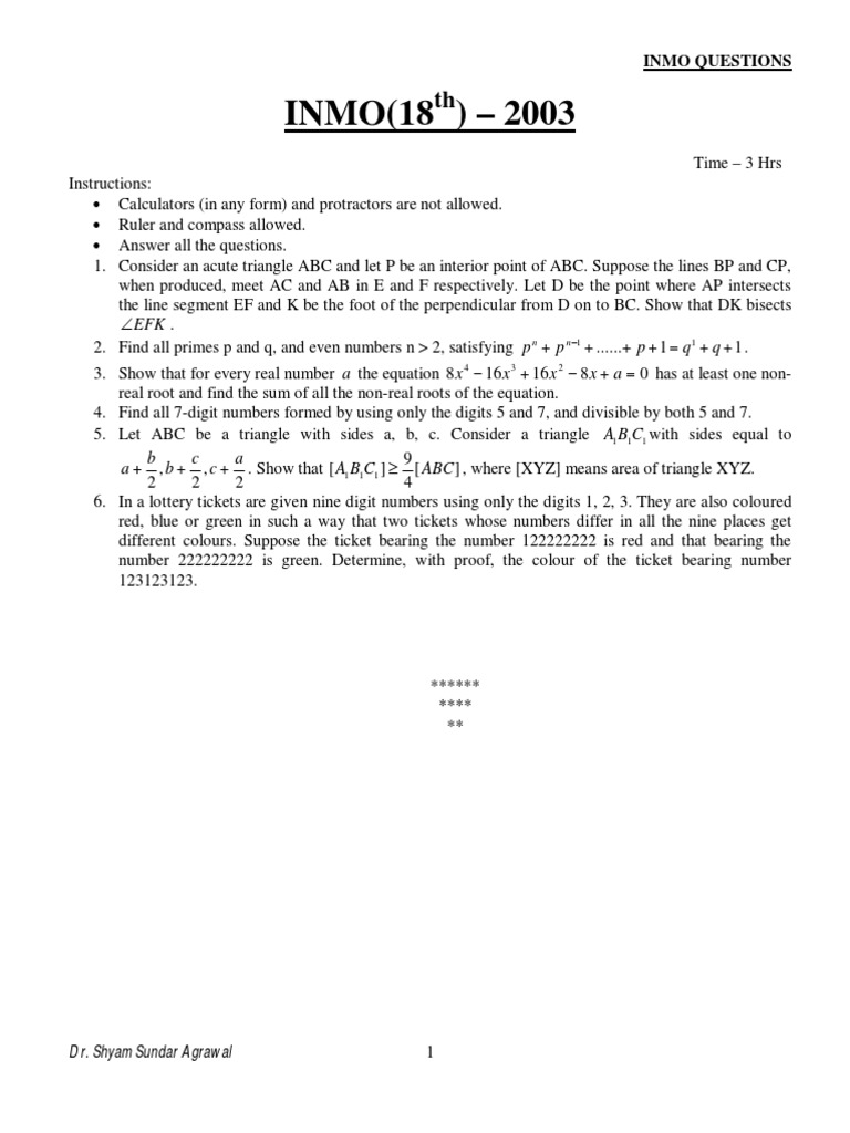 INMO 2003 Exam Questions | PDF | Teaching Methods & Materials