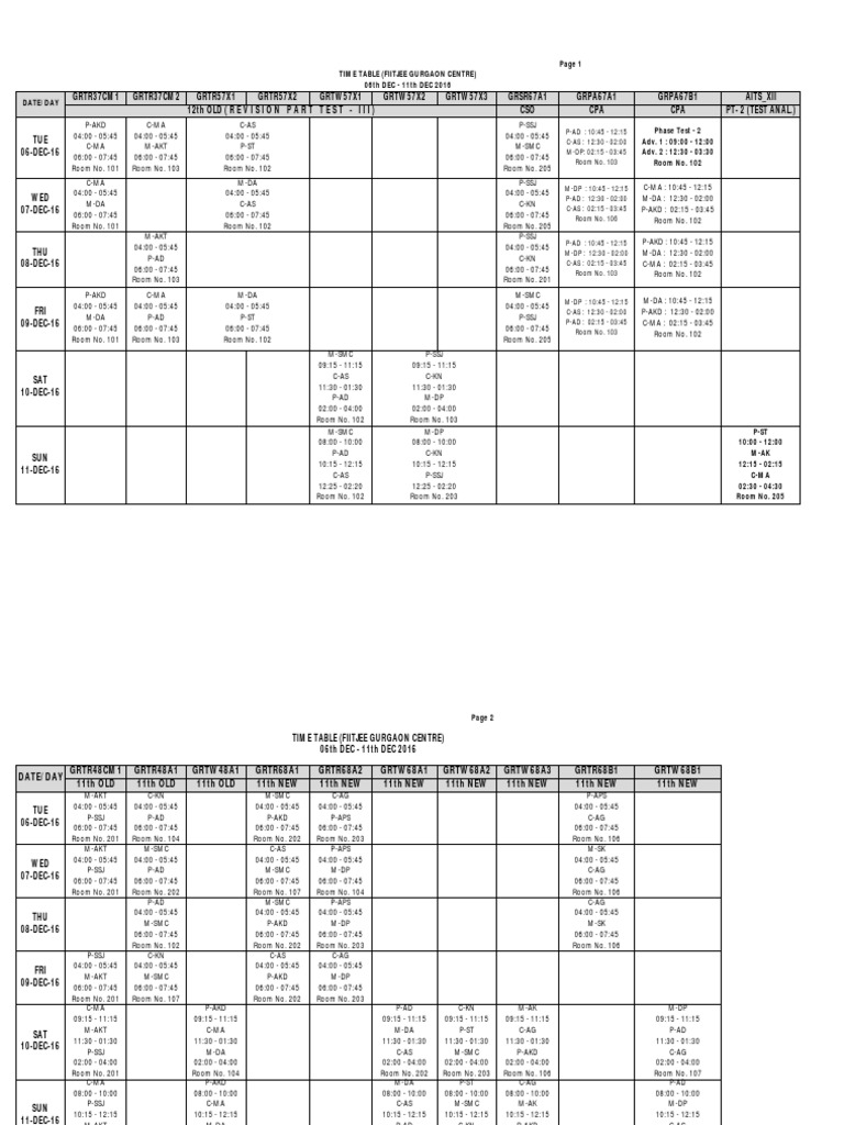 Time Table (Fiitjee Gurgaon Centre) 06th DEC - 11th DEC 2016 | PDF