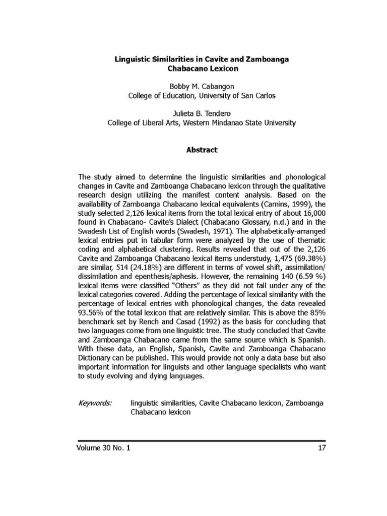 Linguistic Similarities in Cavite and Zamboanga Chabacano Lexicon | PDF | Lexicon | Linguistics