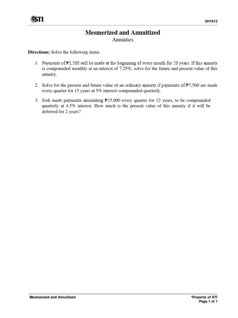 Mesmerized and Annuitized: Directions: Solve The Following Items | PDF