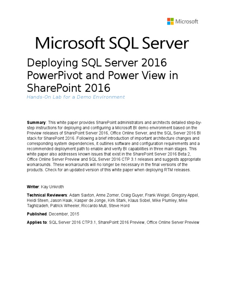 Deploying SQL Server 2016 PowerPivot and Power View in SharePoint 2016 | PDF | Share Point ...