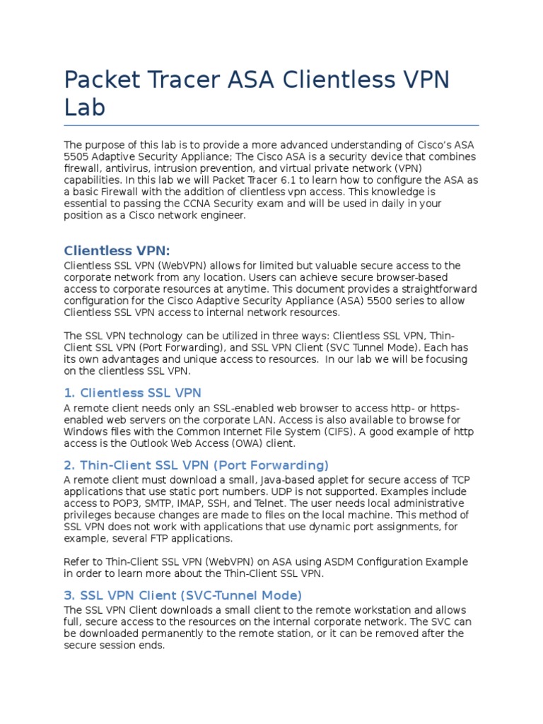 Packet Tracer ASA VPN Lab | PDF | Virtual Private Network | Transport ...