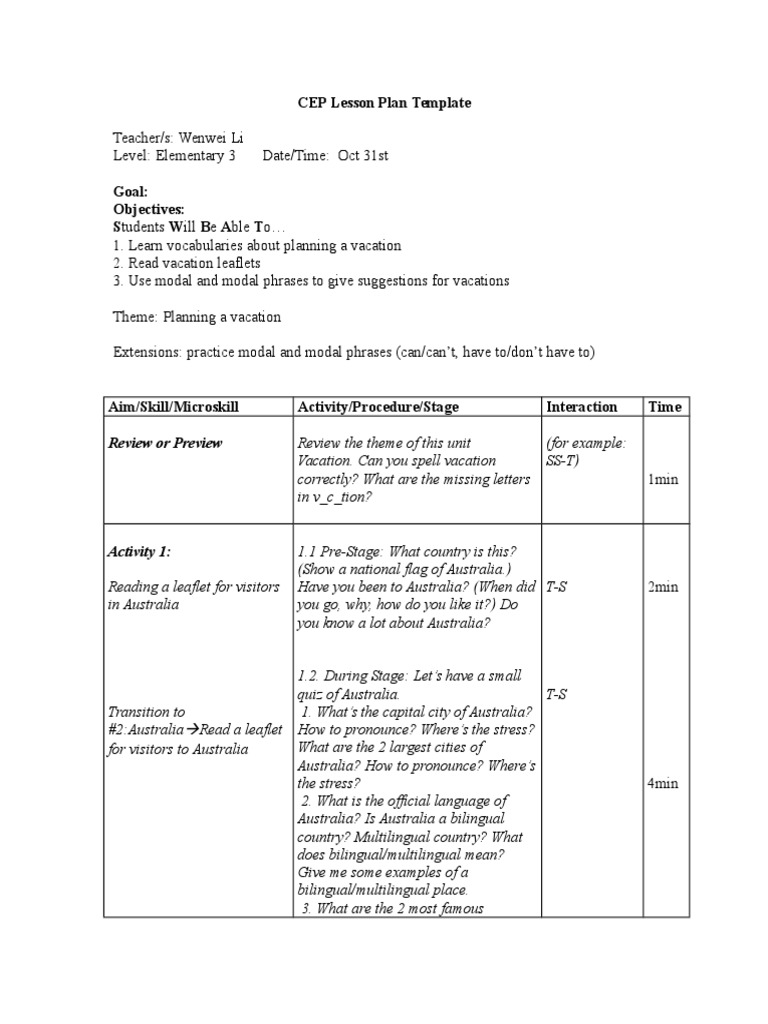 Cep Lesson Plan Template | PDF | Hitchhiking | Lesson Plan