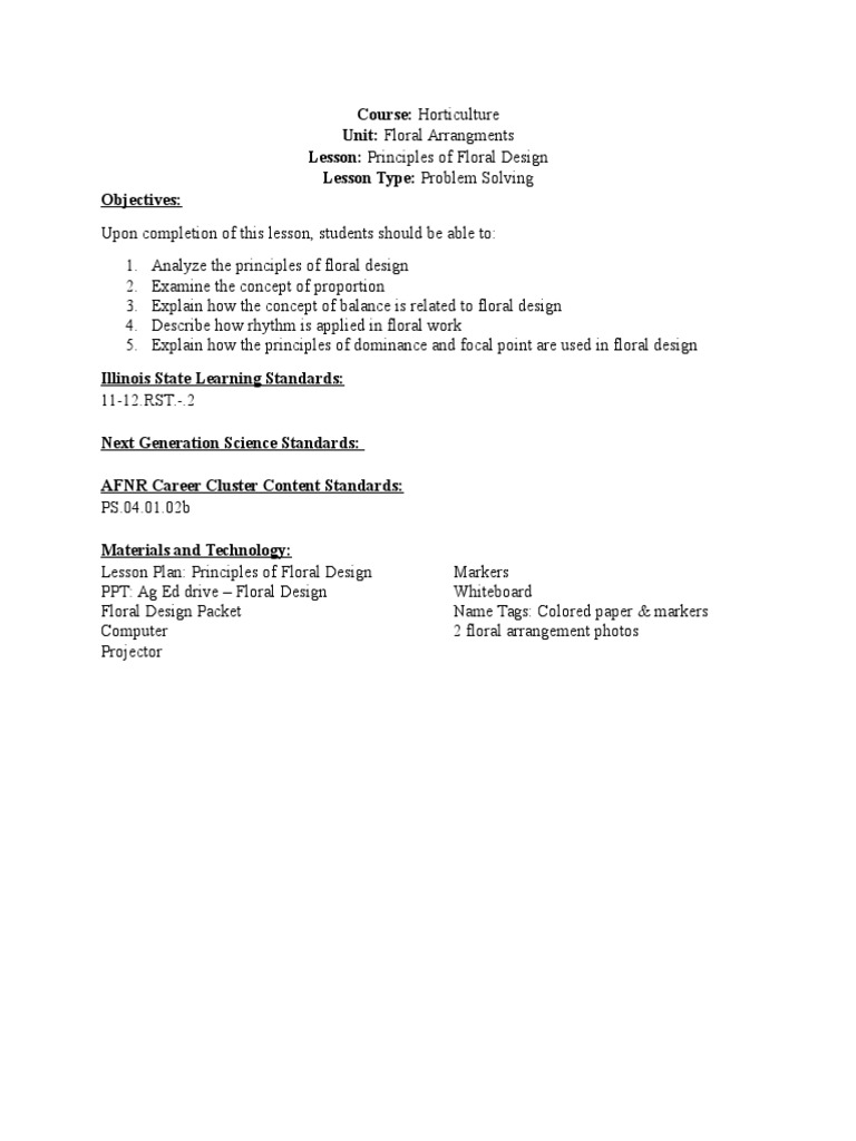 Floral Design Lesson Plan | PDF | Flowers | Rhythm