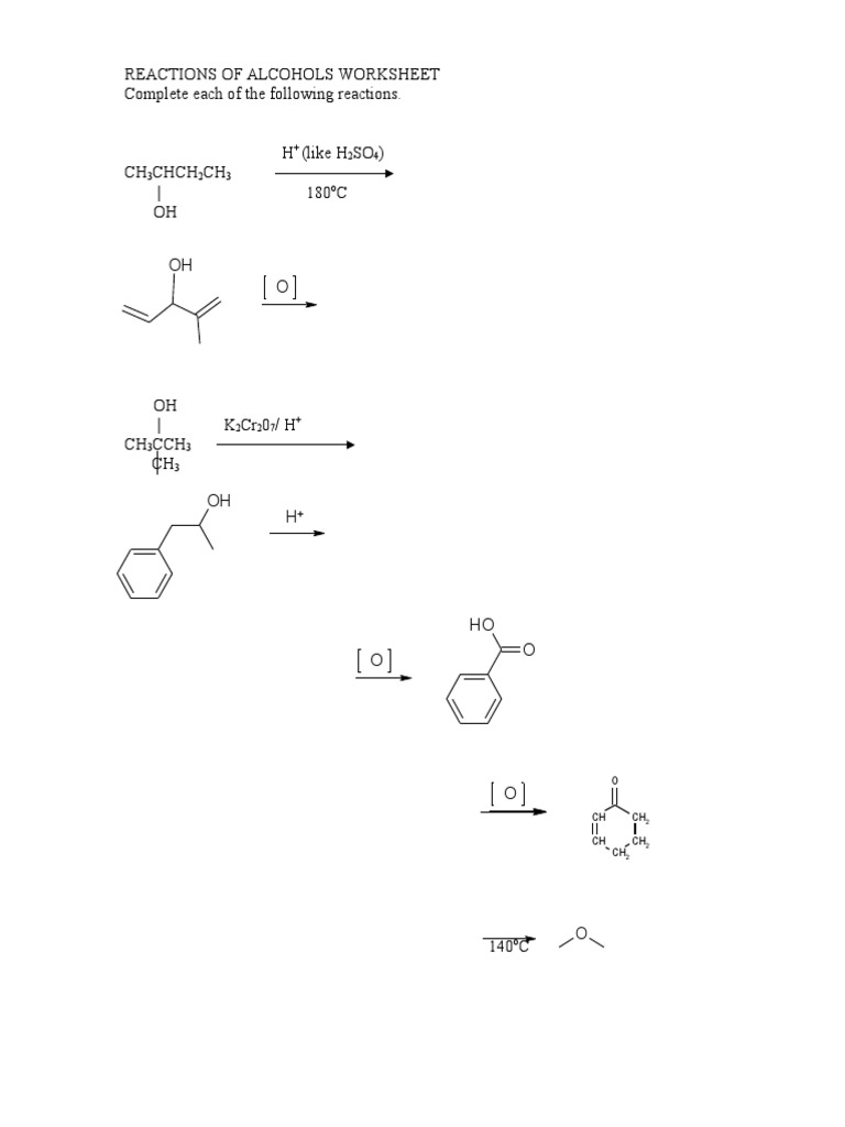 Alcohol Reactions Worksheet | PDF