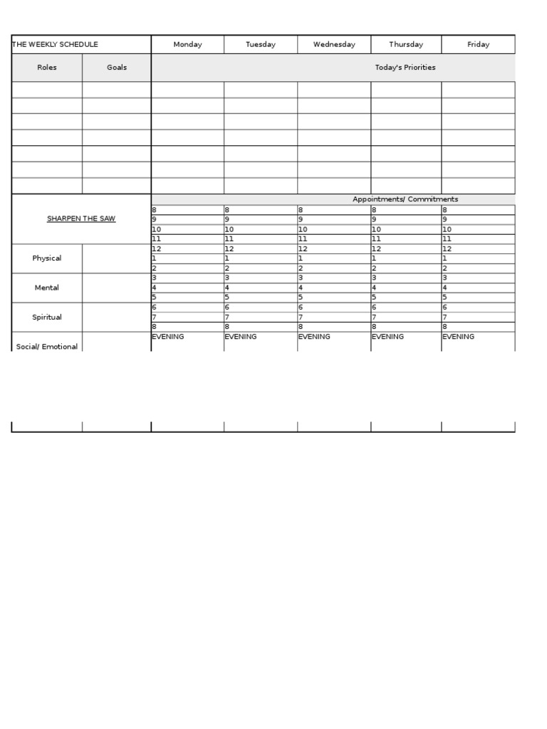 Seven Habits of Highly Effective People Weekly Schedule