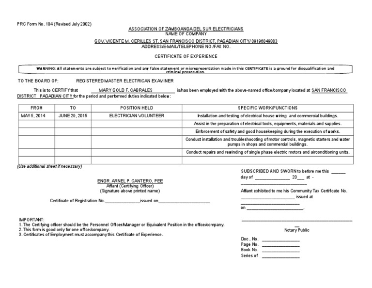 PRC Form No 104 Revised July 2002 | PDF