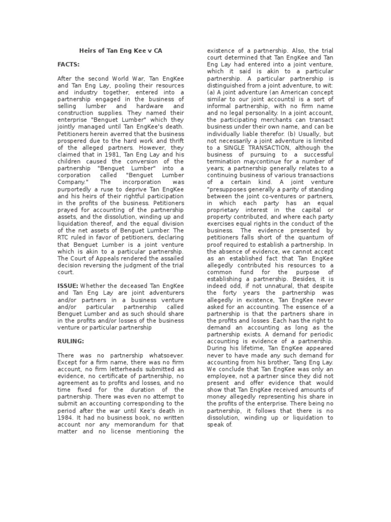 10 Heirs of Tan Eng Kee V CA | PDF | Partnership | Joint Venture