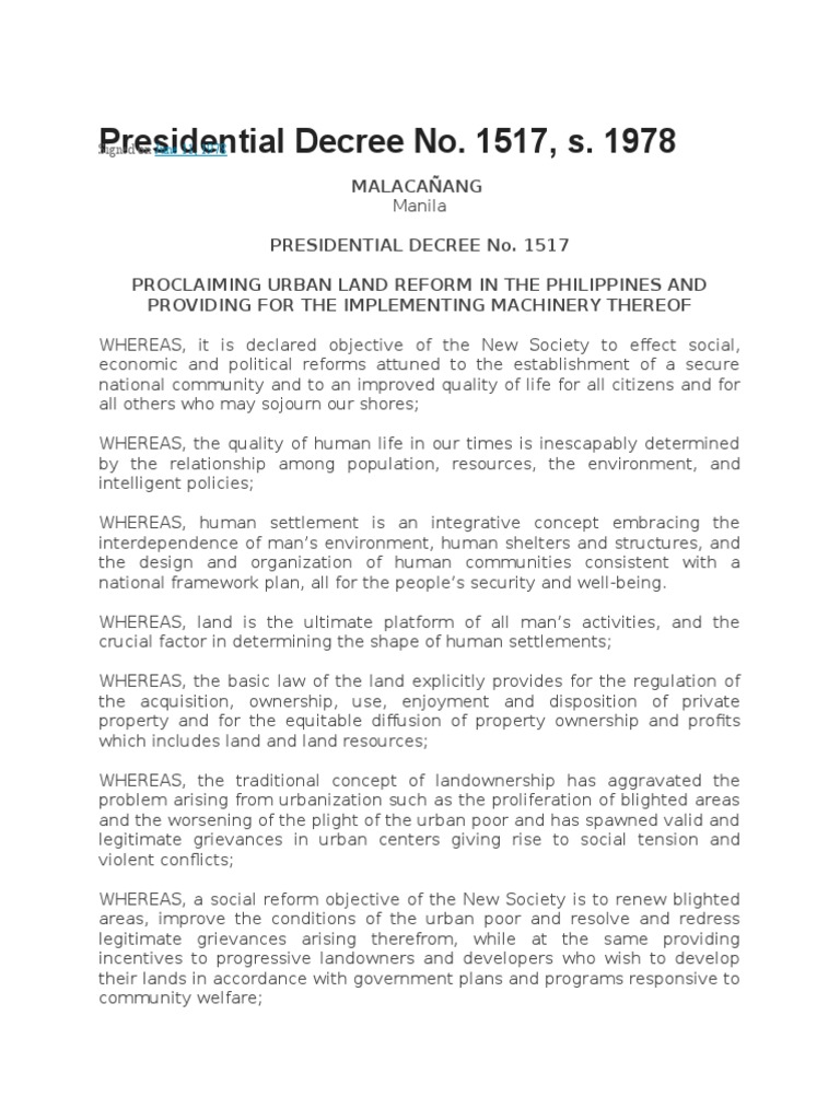 PD 1517 | PDF | Eminent Domain | Mergers And Acquisitions