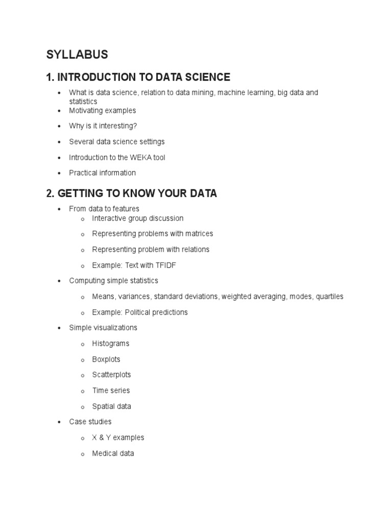 Syllabus 1 Introduction To Data Science Pdf Prediction Statistics