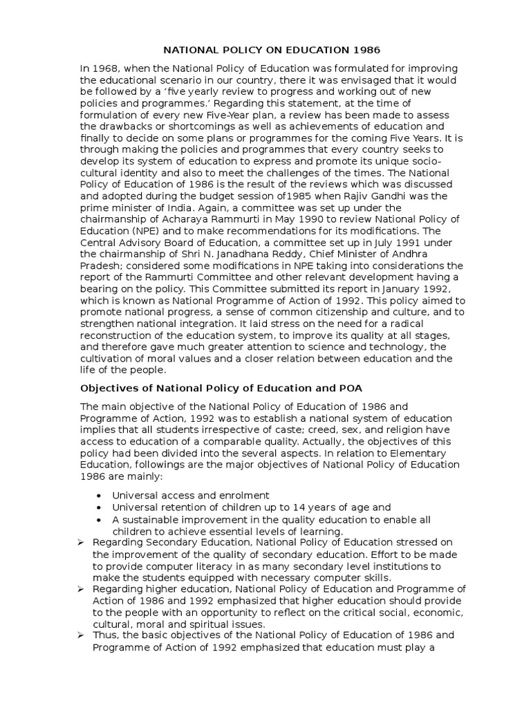 National Policy on Education 1986 | Disability | Literacy