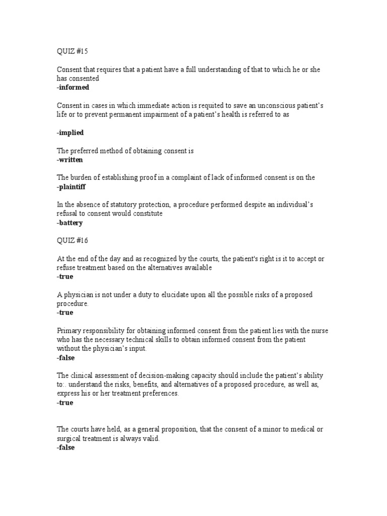 HCA Informed Consent Quiz Series | PDF | Medical Record | Informed Consent