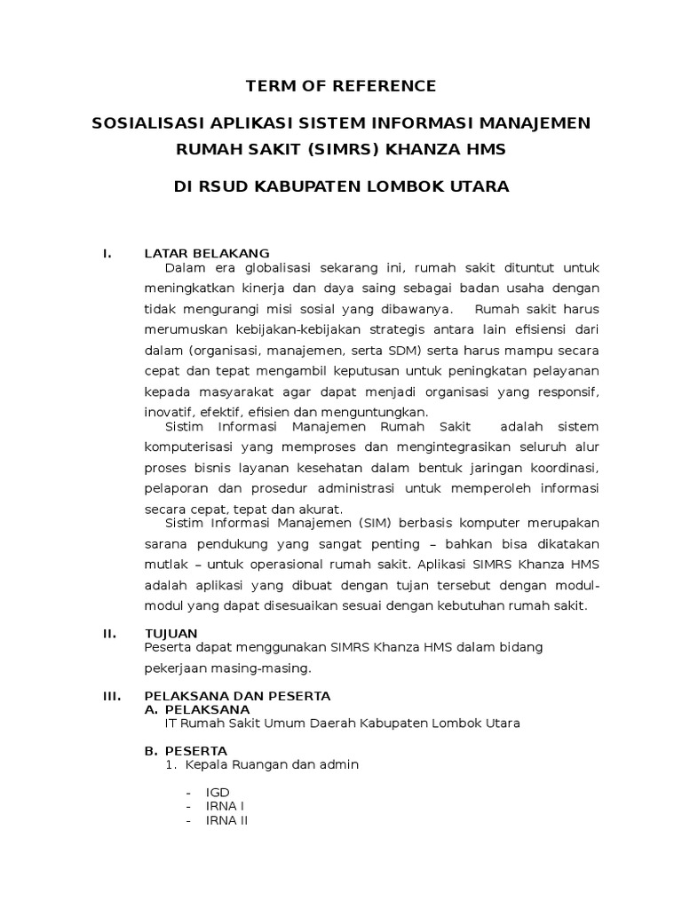 Tor Sosialisasi Simrs | PDF