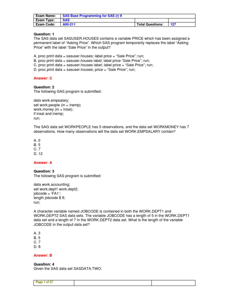 127 Questions For Base Sas Pdf Sas Software C Programming Language 