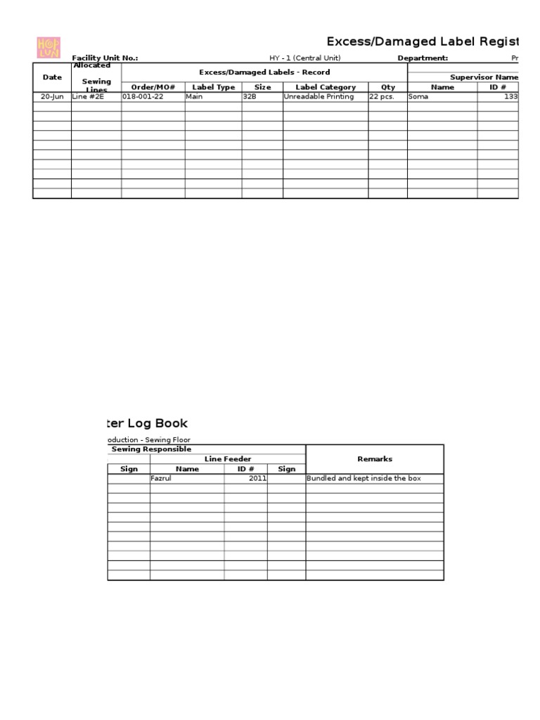 Excess/Damaged Label Register Log Book | PDF