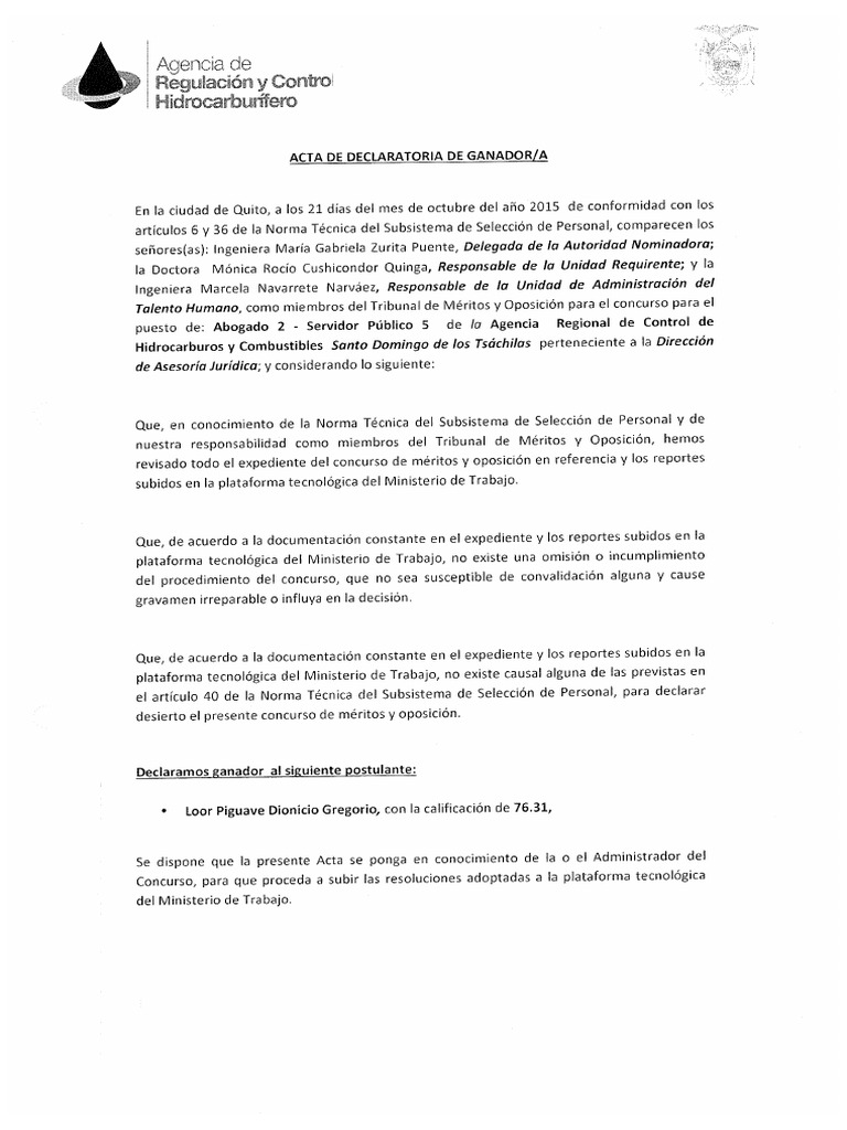 Acta Declaratoria Ganador | PDF