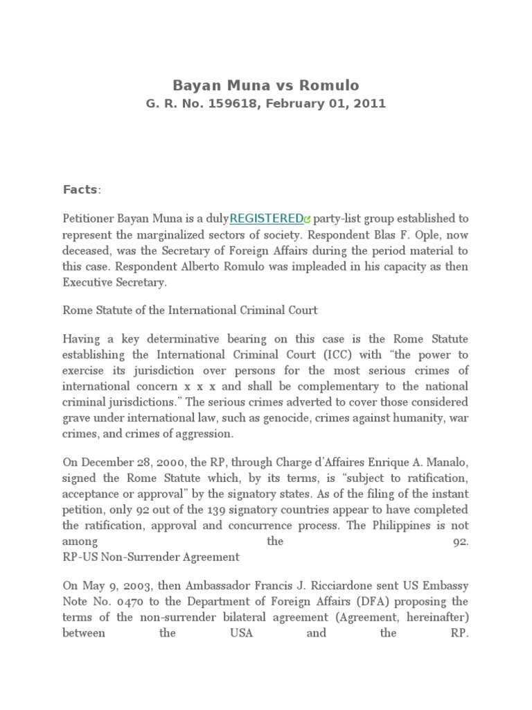 Bayan Muna vs. Romulo | Download Free PDF | Treaty | International Criminal Court